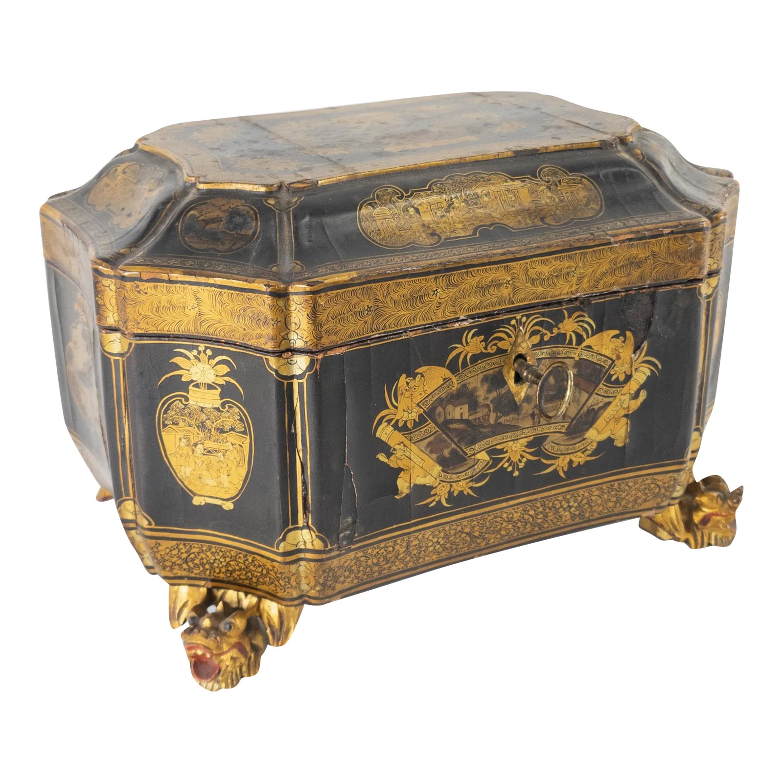 Chinese Black and Gold Lacquered Tea Caddy Box | Chairish