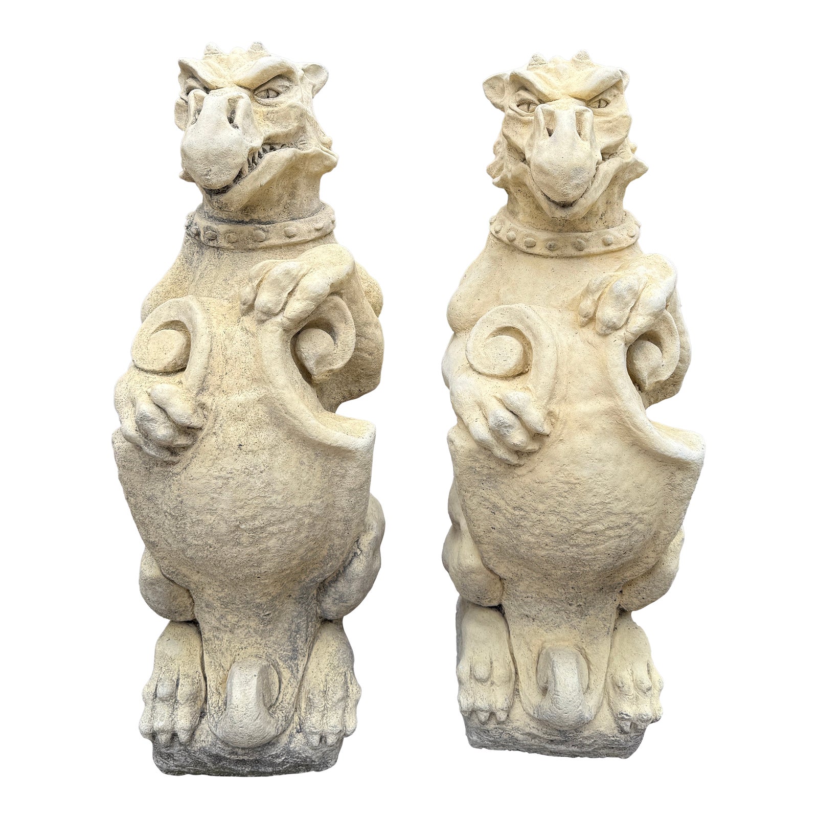 Vintage English Statues Garden Figures Gargoyles Shield Cast Stone Pair ...