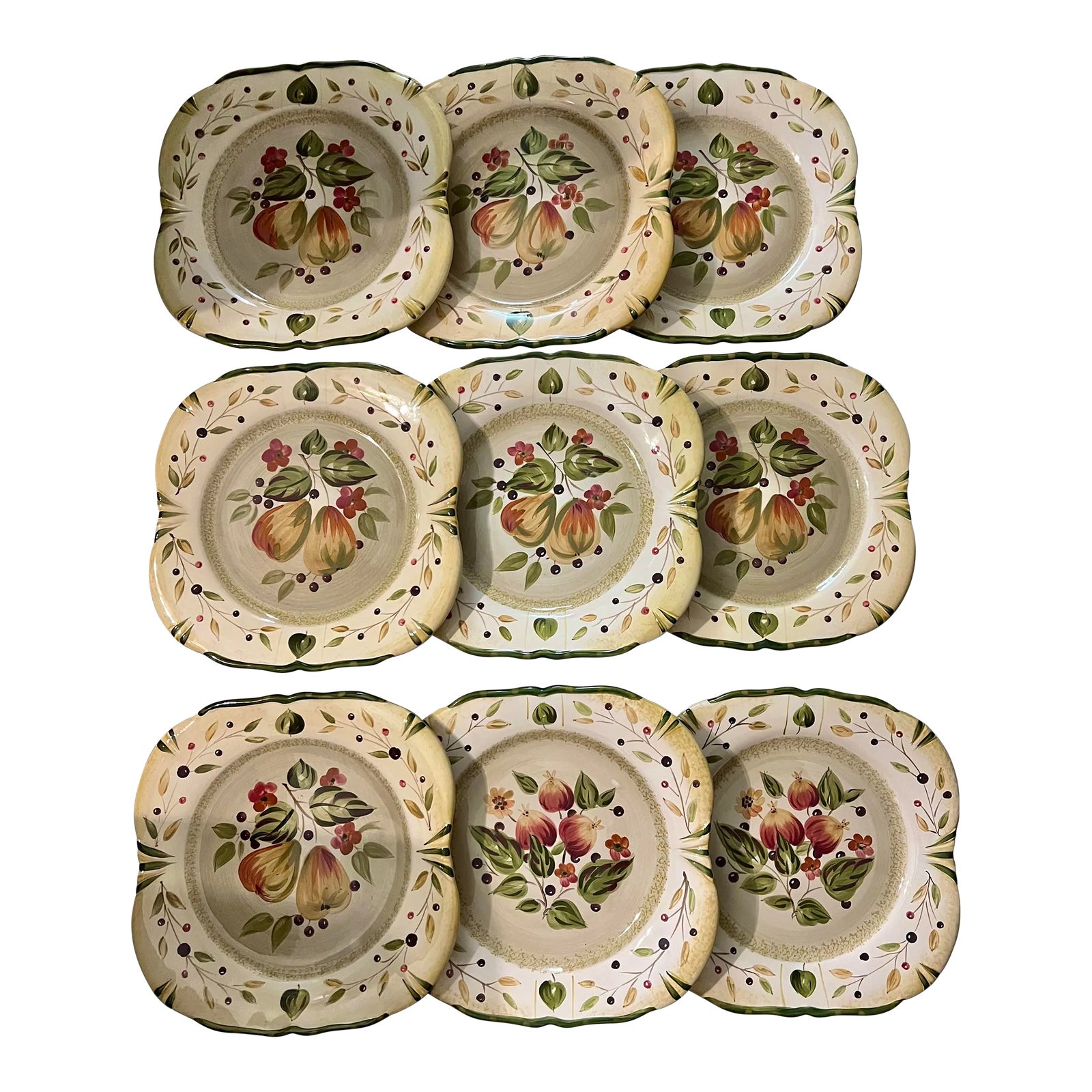 Tuscany Style Ceramic Plates -Green Fruit/Floral - Set of 9 | Chairish