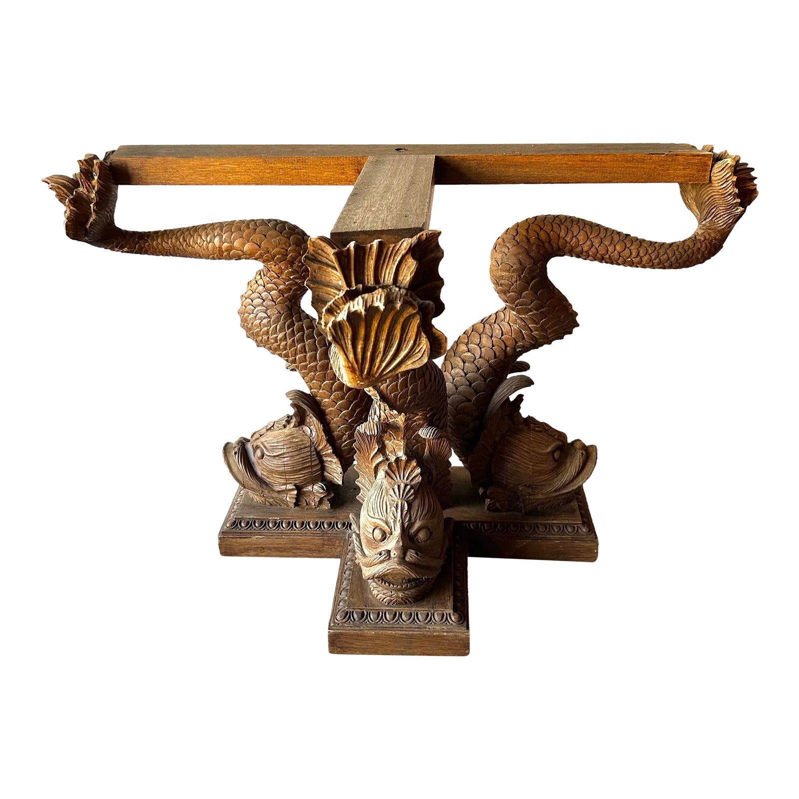 1900s Old Hand Carved 3 Fish Console Table Base | Chairish