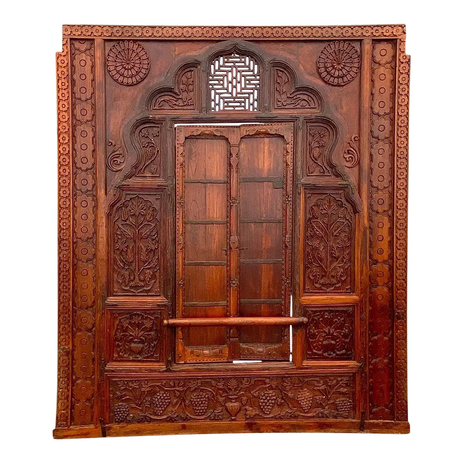 Large Indian Carved Teak Haveli Window With Shutters | Chairish