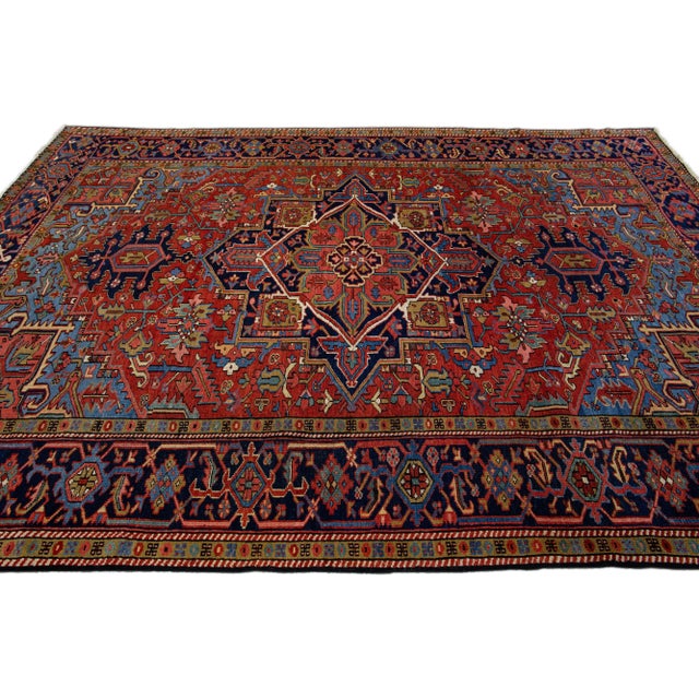 Red Antique Persian Heriz Handmade Wool Rug With Medallion Design ...