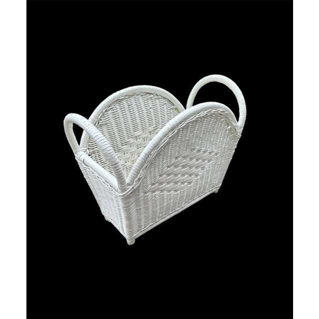 1970s Vintage Wicker White Magazine Holder Rack | Chairish