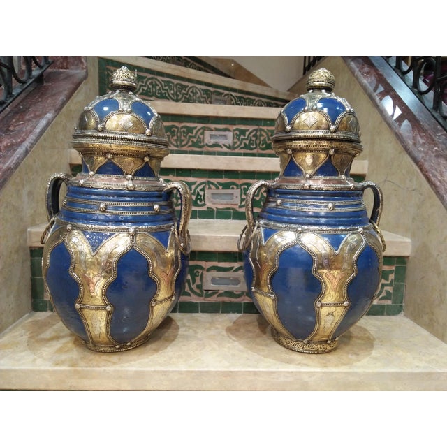 Moroccan Blue Pottery Vase With Yellow Brass and Red Copper ,Handmade ...