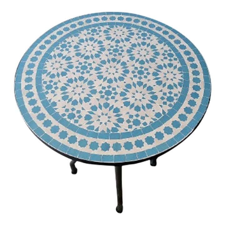 Blue Sky Round Ceramic Mosaic Tiles Side Table | Chairish