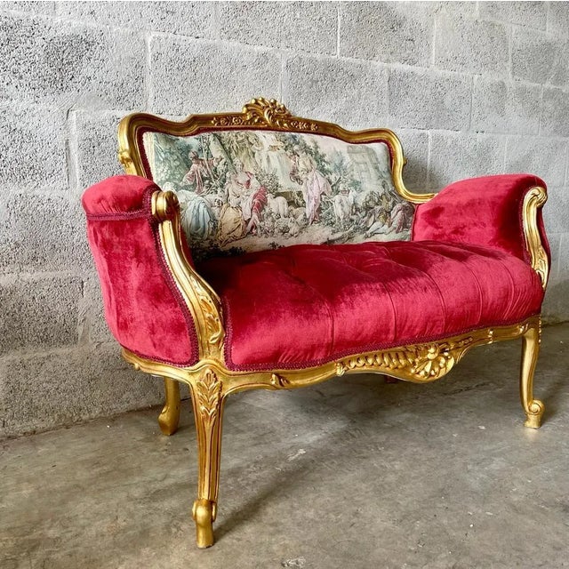 French Rococo Style Red Settee with Gold Leaf | Chairish