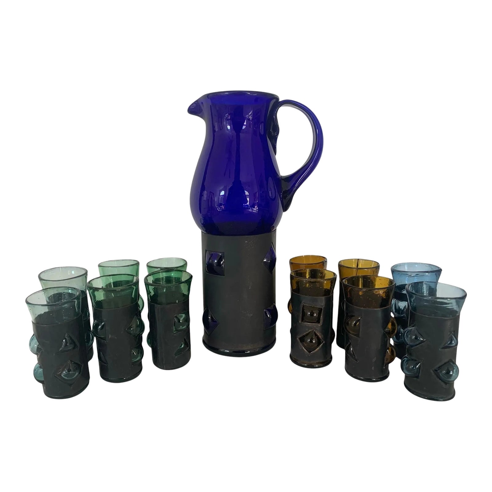 Vintage Brutalist Felipe Derflingher Imprisoned Glass Pitcher and 12 ...