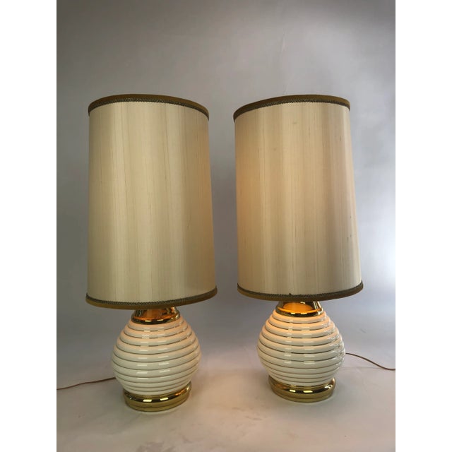 Mid-Century Table Lamps-Beehive- With Original Velvet Trimmed Shades ...