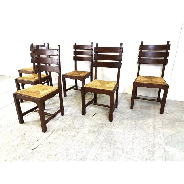 Vintage Brutalist Oak and Wicker Dining Chairs, 1960s, Set of 6 | Chairish