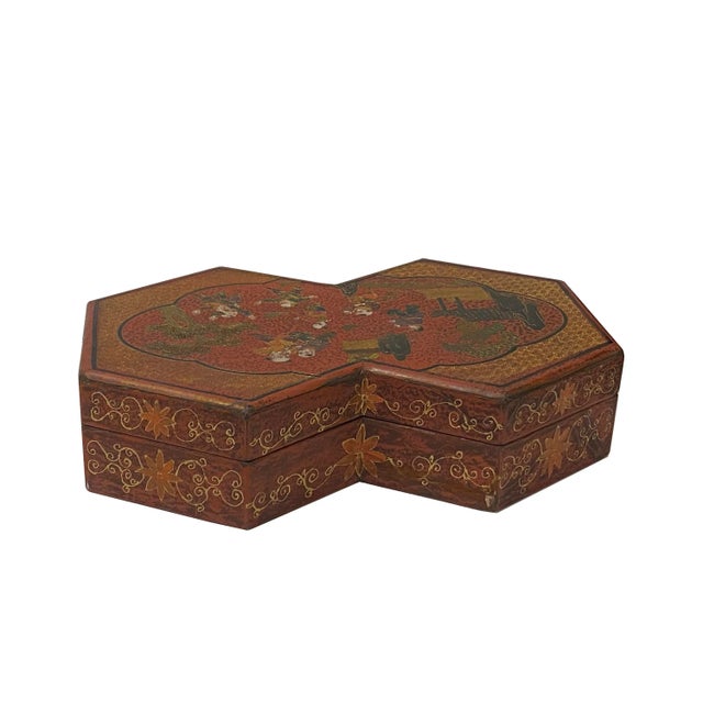 Chinese Distressed Brown People Graphic Rectangular Decagon Shape Box ...