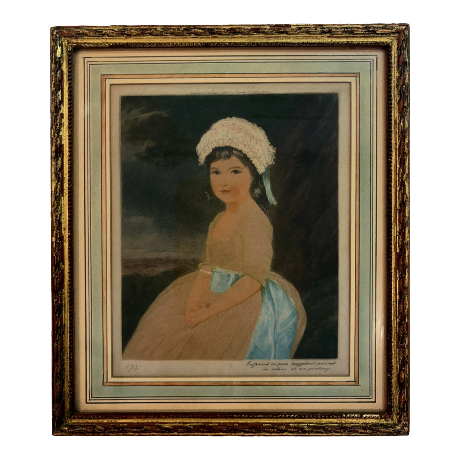 Antique Heirloom Hand Colored Mezzotint Portrait Print of Young Girl in ...