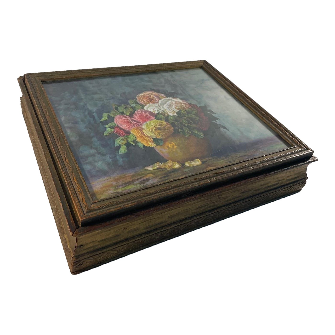 1940s Large Floral Mirrored Wooden Jewelry, Trinket or Stationary Box ...