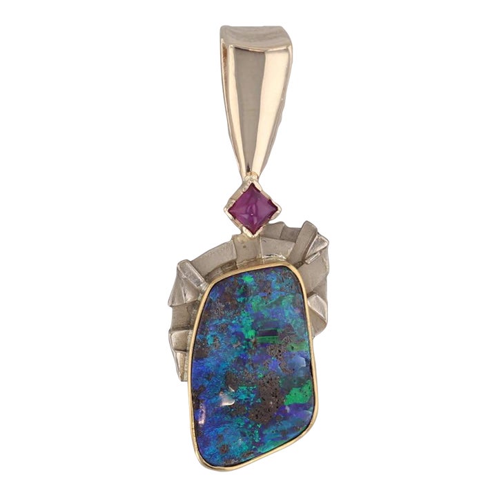 Colorful Boulder Opal Ruby Pendant 14k Yellow White Gold | Chairish