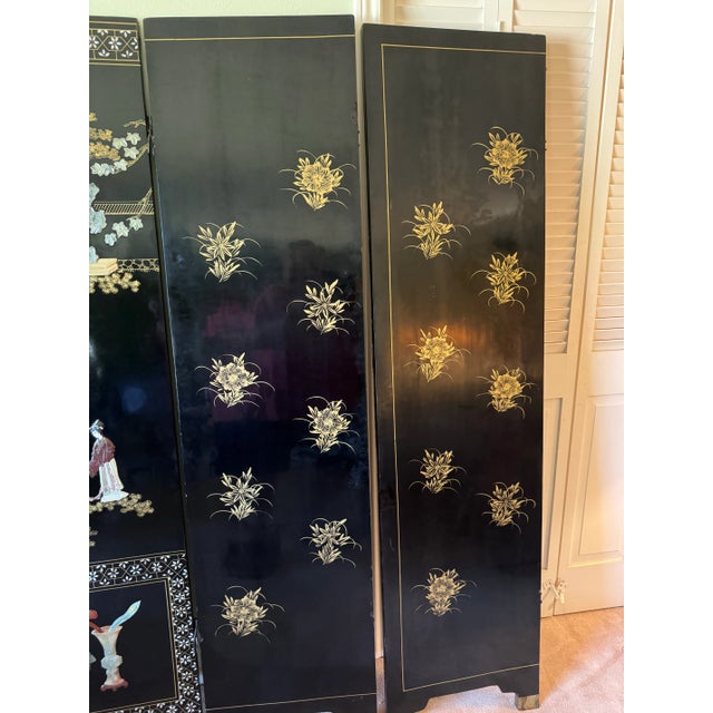 Chinese Black Lacquer and Carved Inlaid Hard Stone Four Panel Screen ...