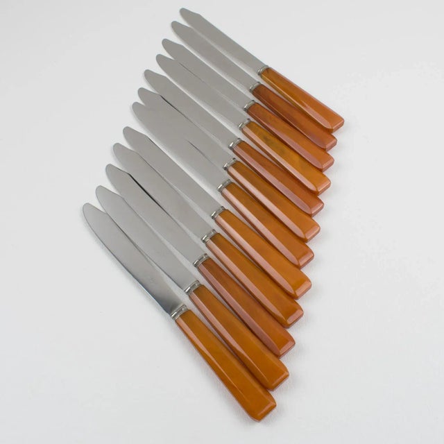 Art Deco Orange Bakelite and Stainless Steel Knives Set in Box, 24 ...