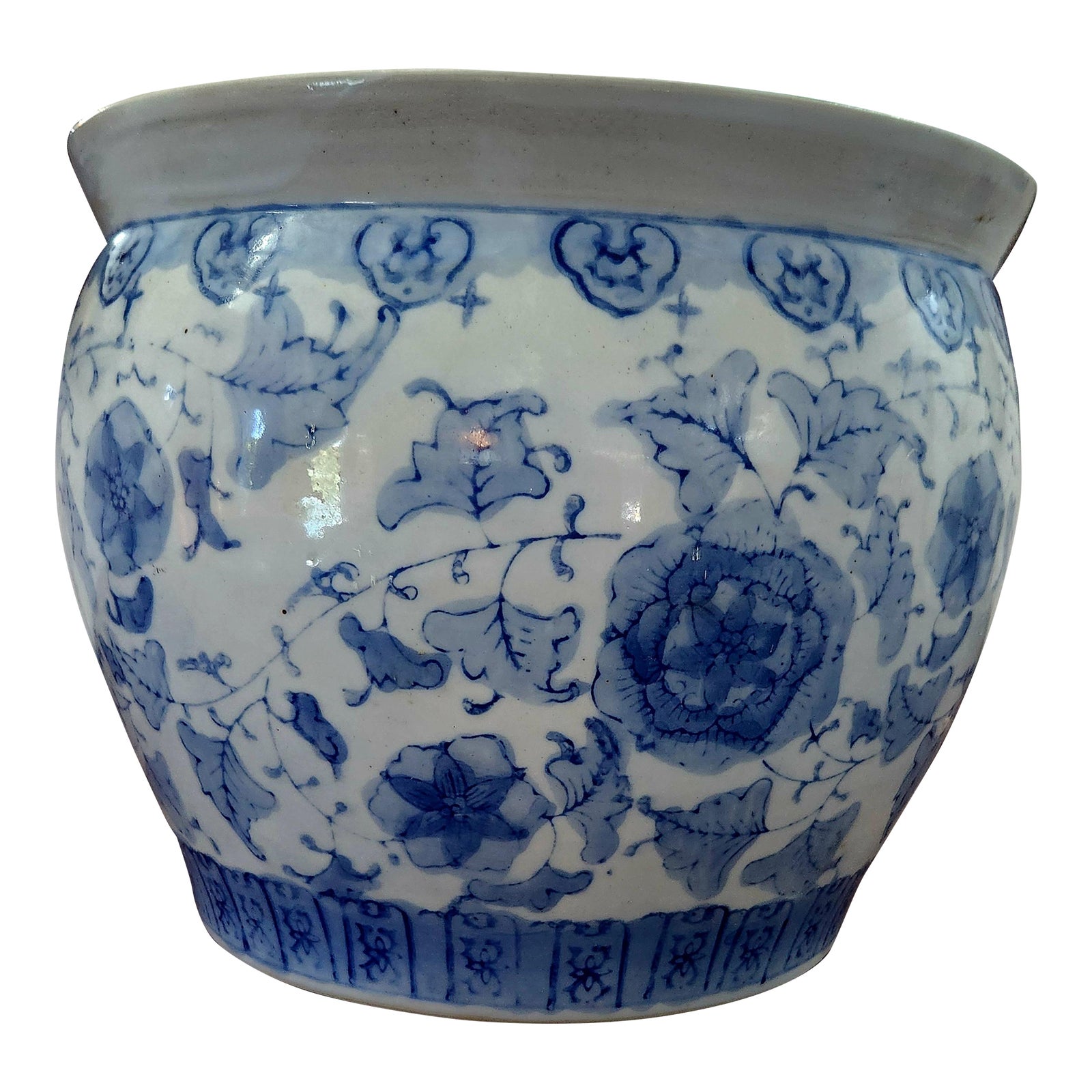 Vintage Chinoiserie Style Blue & White Ceramic Fish Bowl Planter | Chairish