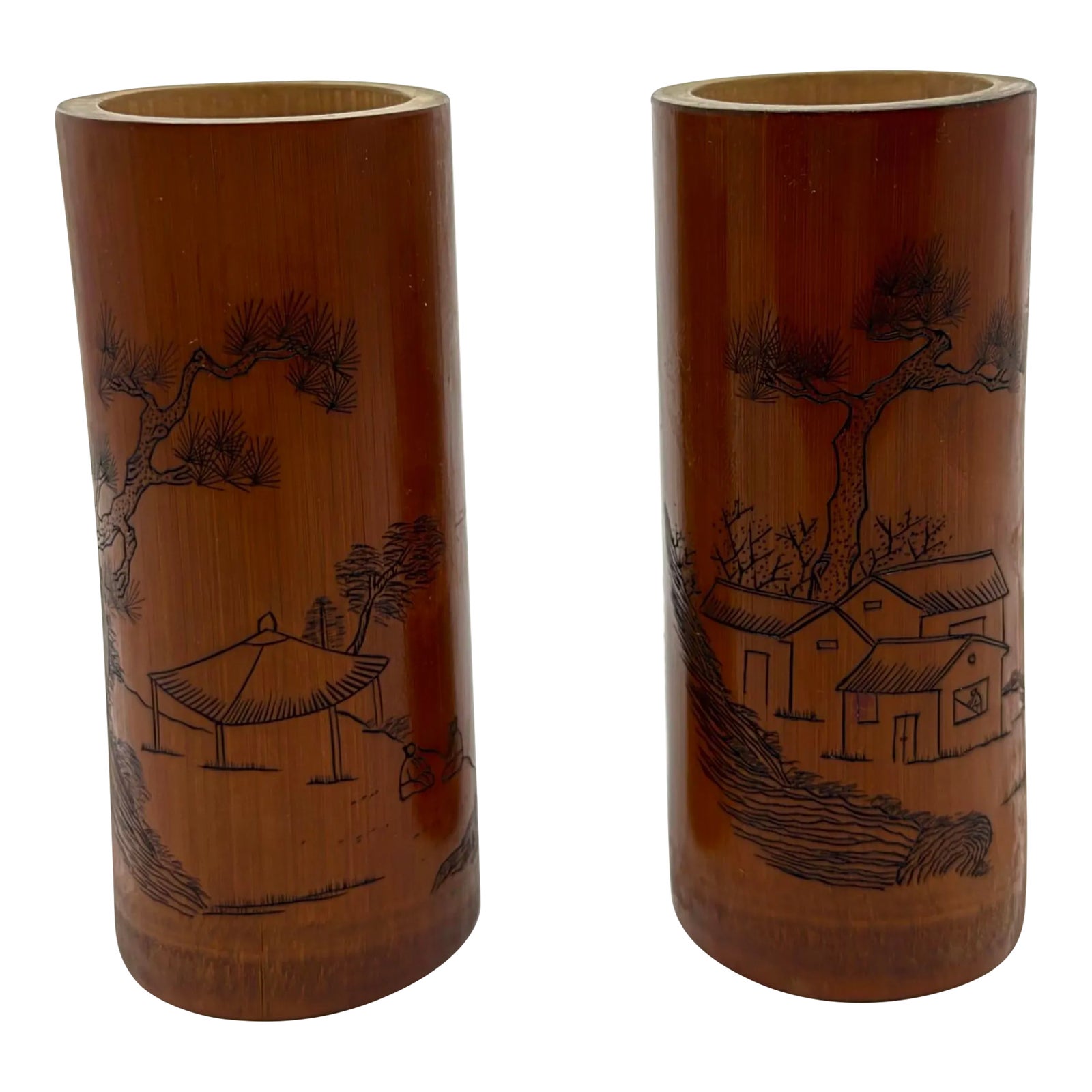 Antique Chinese Carved Bamboo Brush Pot- Set of 2 | Chairish