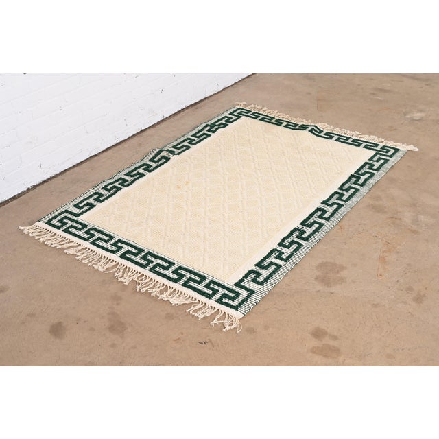 Vintage Handmade Cream and Green Greek Key Border Rug | Chairish