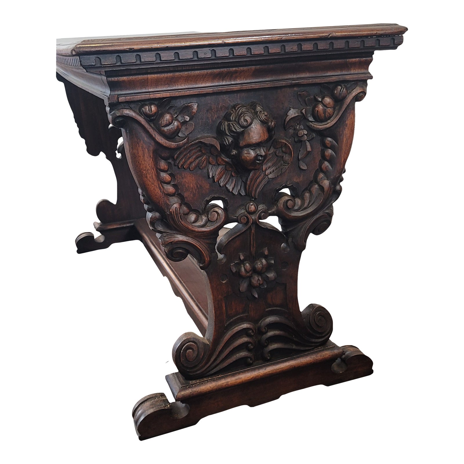 Antique Tuscan Trestle Library Table Renaissance Revival Carved Baroque ...