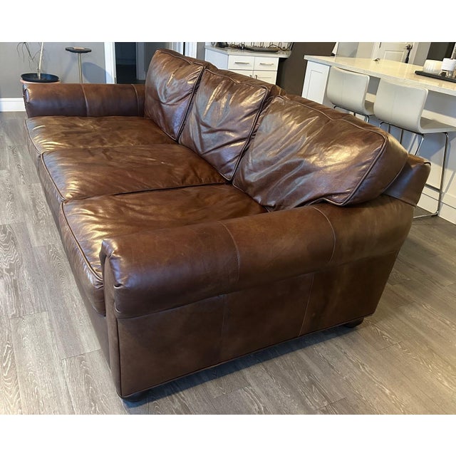 Restoration Hardware Leather Three-Seat Cushion Sofa | Chairish