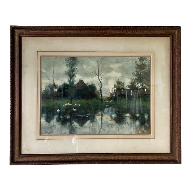 Vintage Countryside Lake Landscape Watercolor Painting, Signed | Chairish