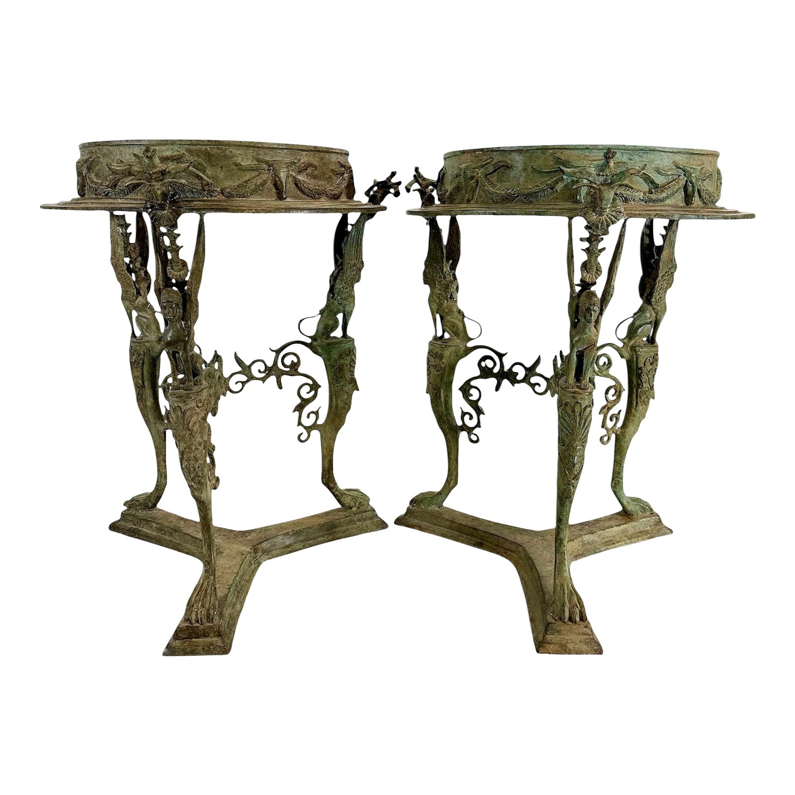 1900s Pair Pompeiian Grand Tour Bronze Gueridon Tables, Tripod Legs ...