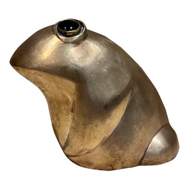 1960s Green Eyed Golden Brass Frog Sculpture Desk Paperweight | Chairish
