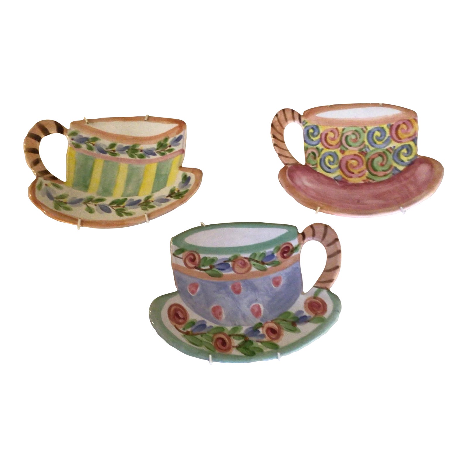 Set of 3 Whimsical Pastel Hand-Painted & Signed Ceramic Decorative Tea ...