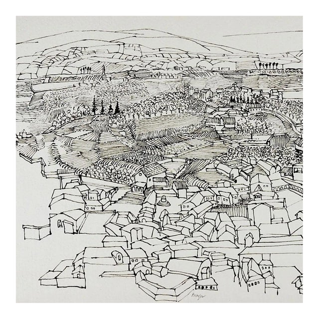 Mid Century Farming Village Pen & Ink Drawing | Chairish