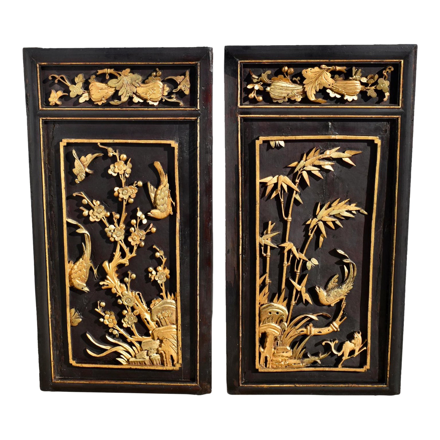 Antique Pair of Carved & Painted Asian Plaques W/Raised Details | Chairish