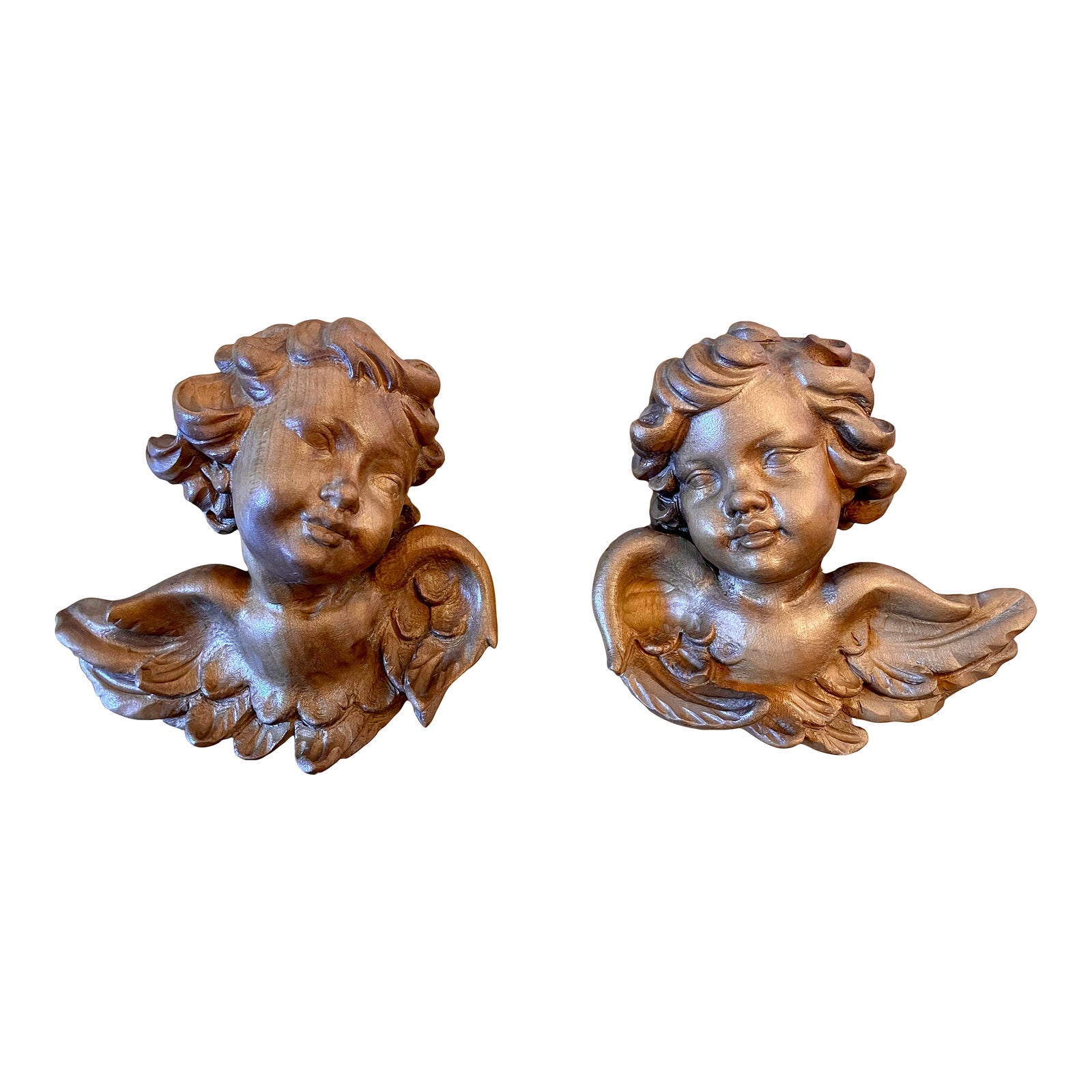 Set of Two 1950s Wood Carved Angel Wall, Germany | Chairish