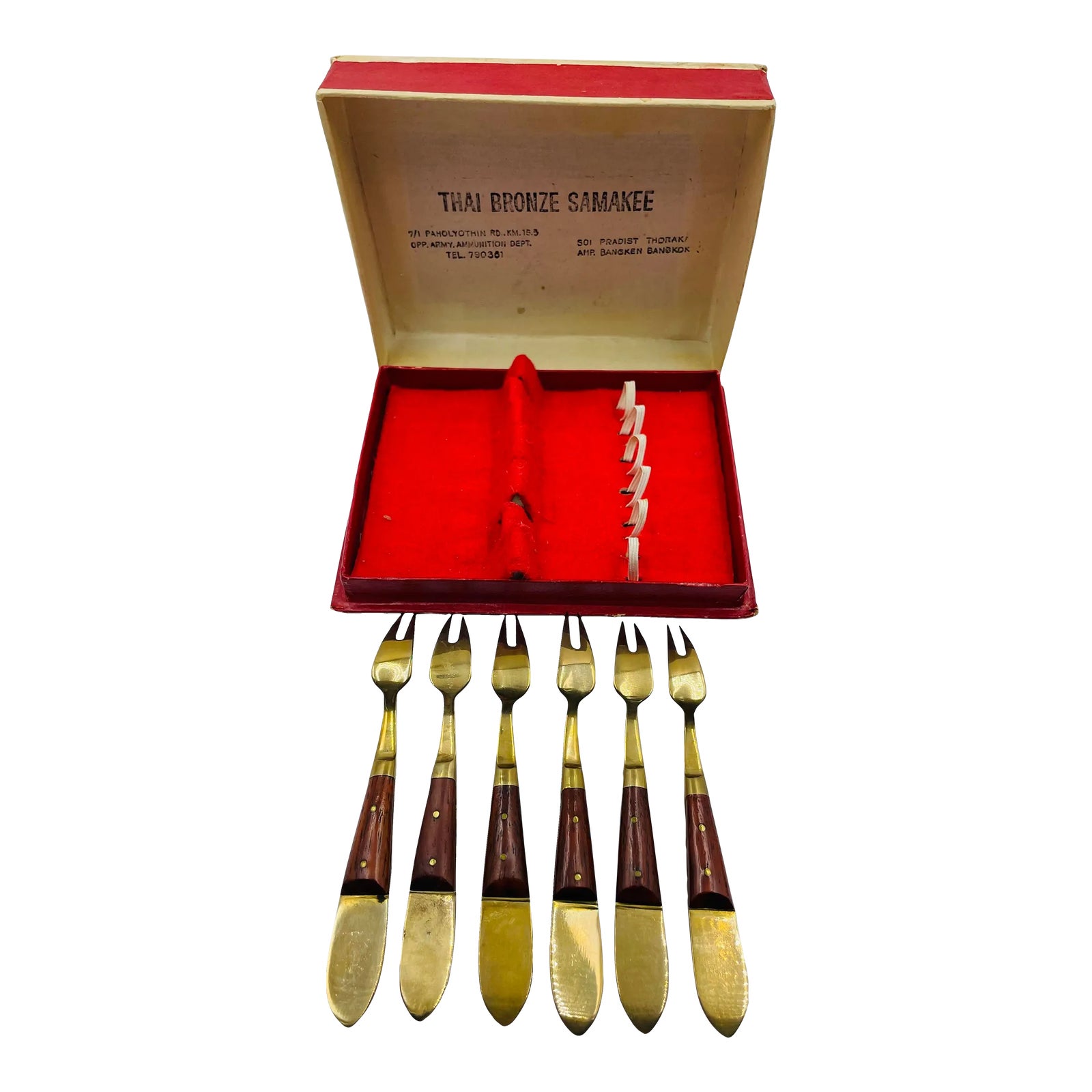 Vintage Thai Bronze Samakee Set of 6 Cocktail Forks in Original Box ...