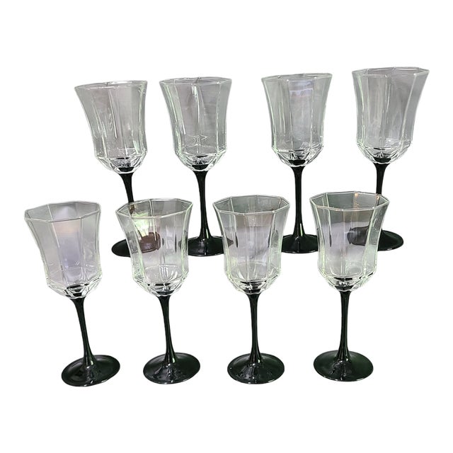 Vintage Luminarc France Octagonal Black Stem Wine Crystal Glasses- Set ...