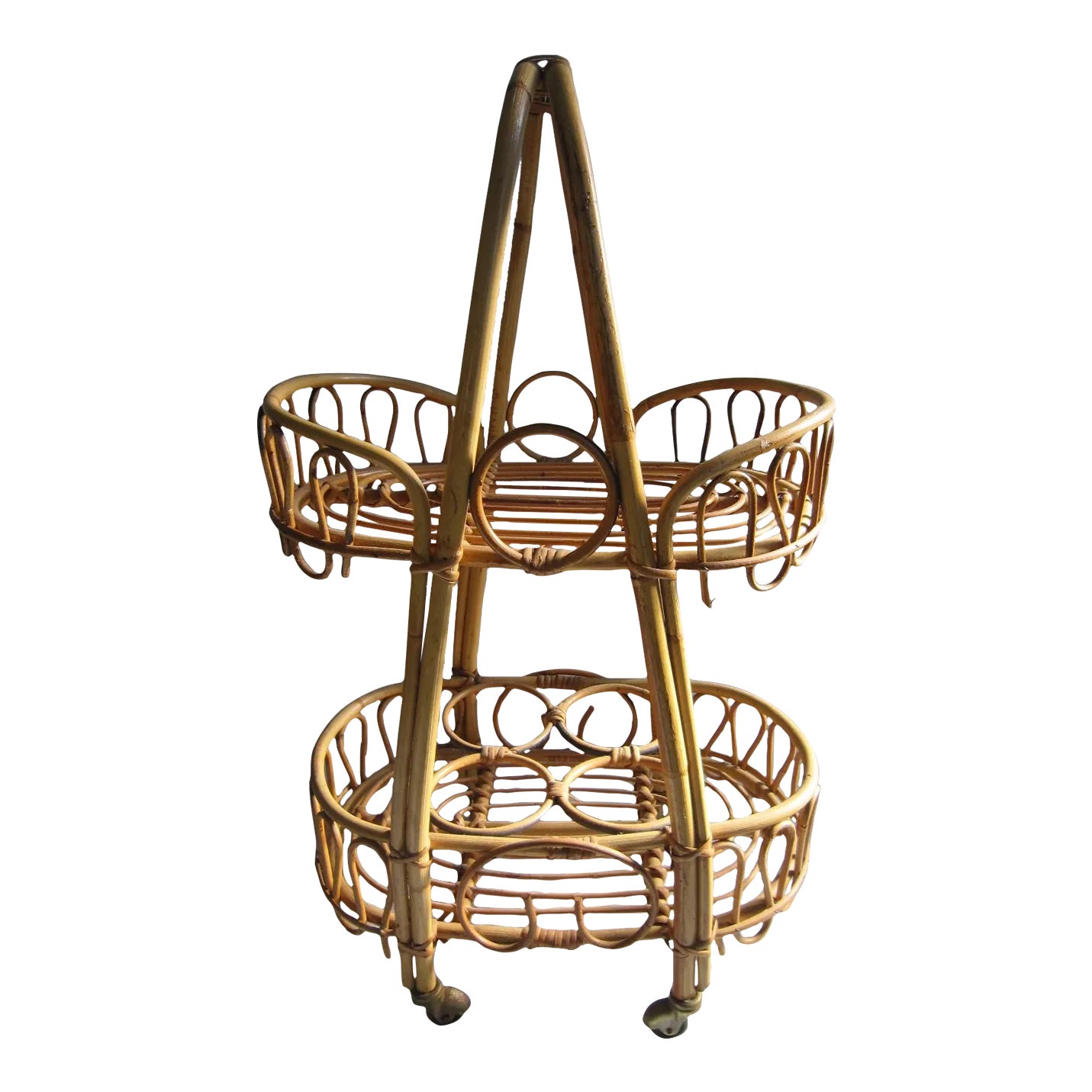 1960s Vintage Bamboo Wicker Rolling Bar Cocktail Cart on Wheels | Chairish