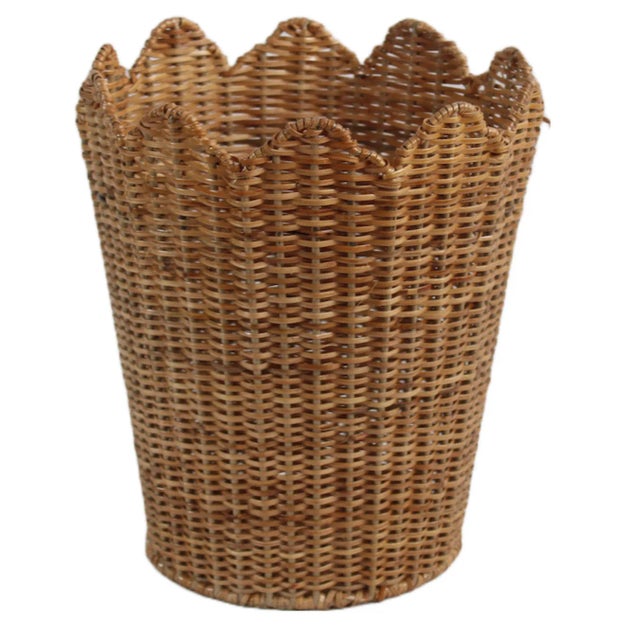 Scalloped Wicker Waste Basket, Natural | Chairish
