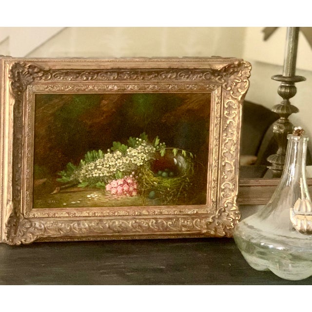 19th Century Still Life ‘Bird’s Nest With Flowers’ Oil Painting on Board by British Artist ...