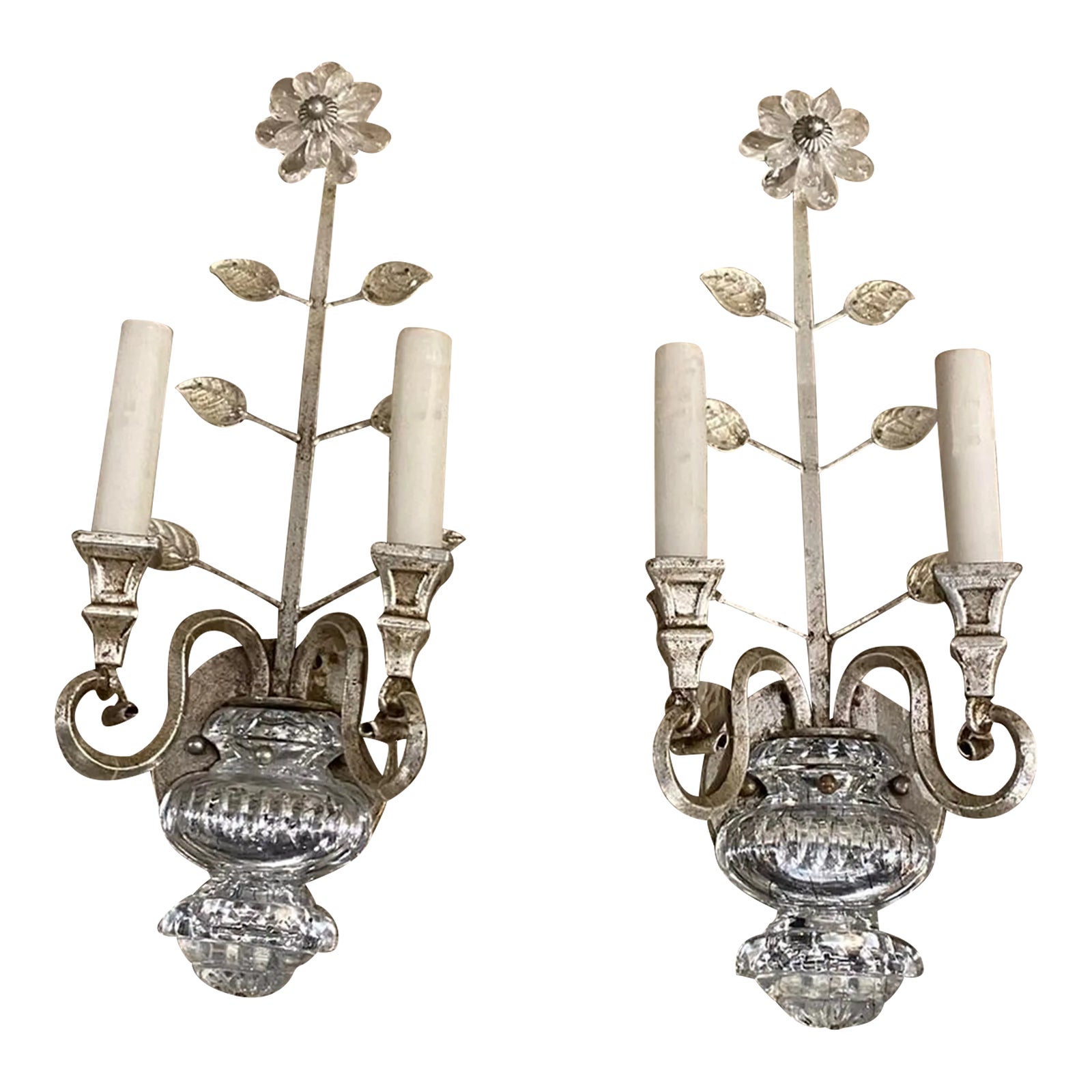 1930s Silver Leaf Metal Sconces With Crystal Base | Chairish