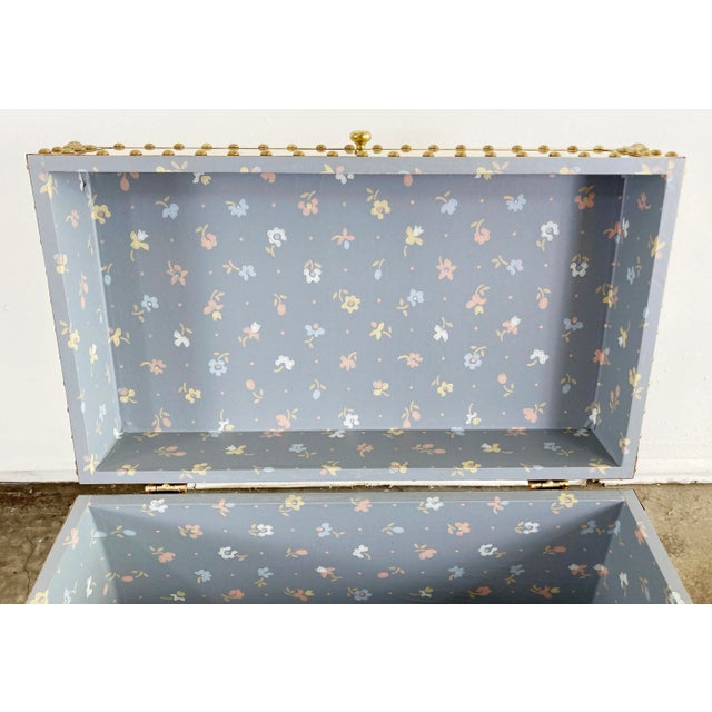 Vintage Riveted Brass Trunk Table on Footed Wood Stand | Chairish