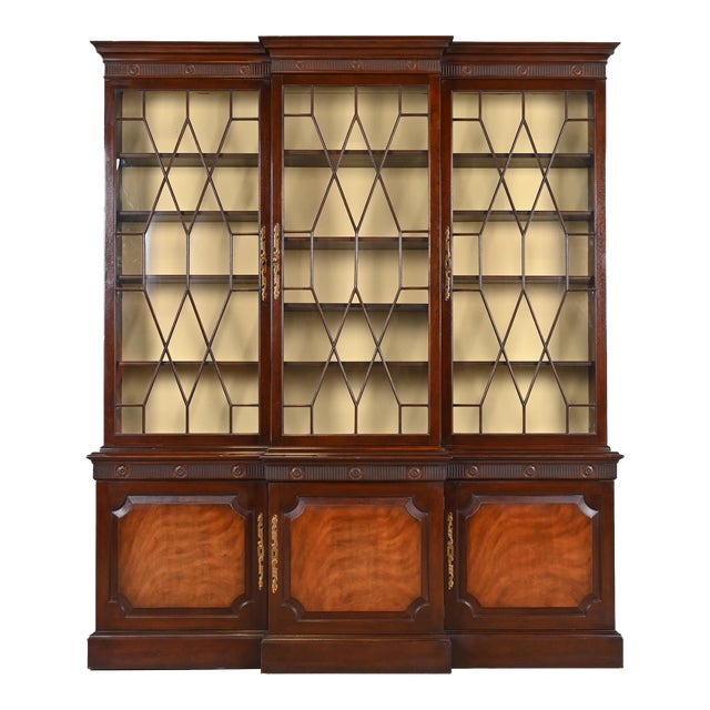 Baker Furniture Georgian Carved Mahogany Breakfront Bookcase Cabinet ...