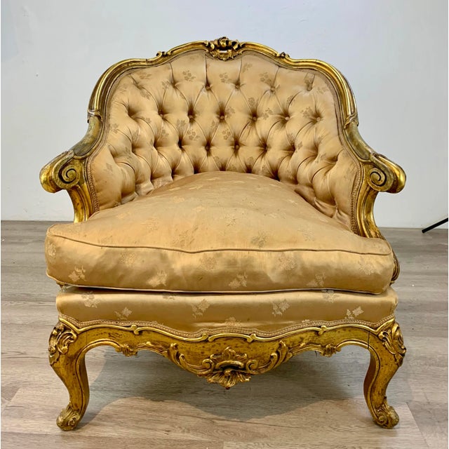 Antique French Tufted Gold Gilt Lounge Chair Pair | Chairish