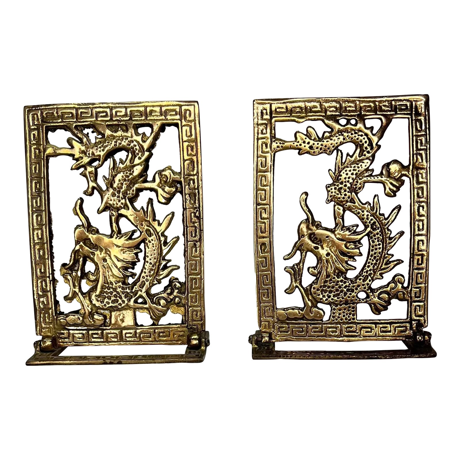 Vintage Dragon Design Brass Chinoiserie Bookends With Greek Key Border ...