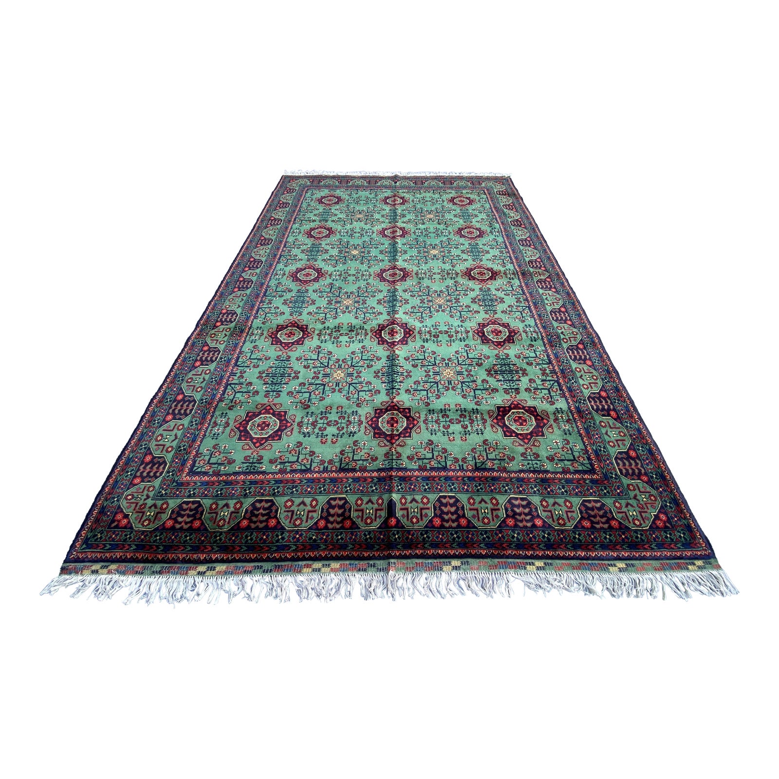 Handmade Green Beshir Turkmen Rug With Ersari Gul Motifs – 6.4×10.4ft ...