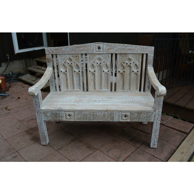 Gothic White Washed Wooden Bench | Chairish