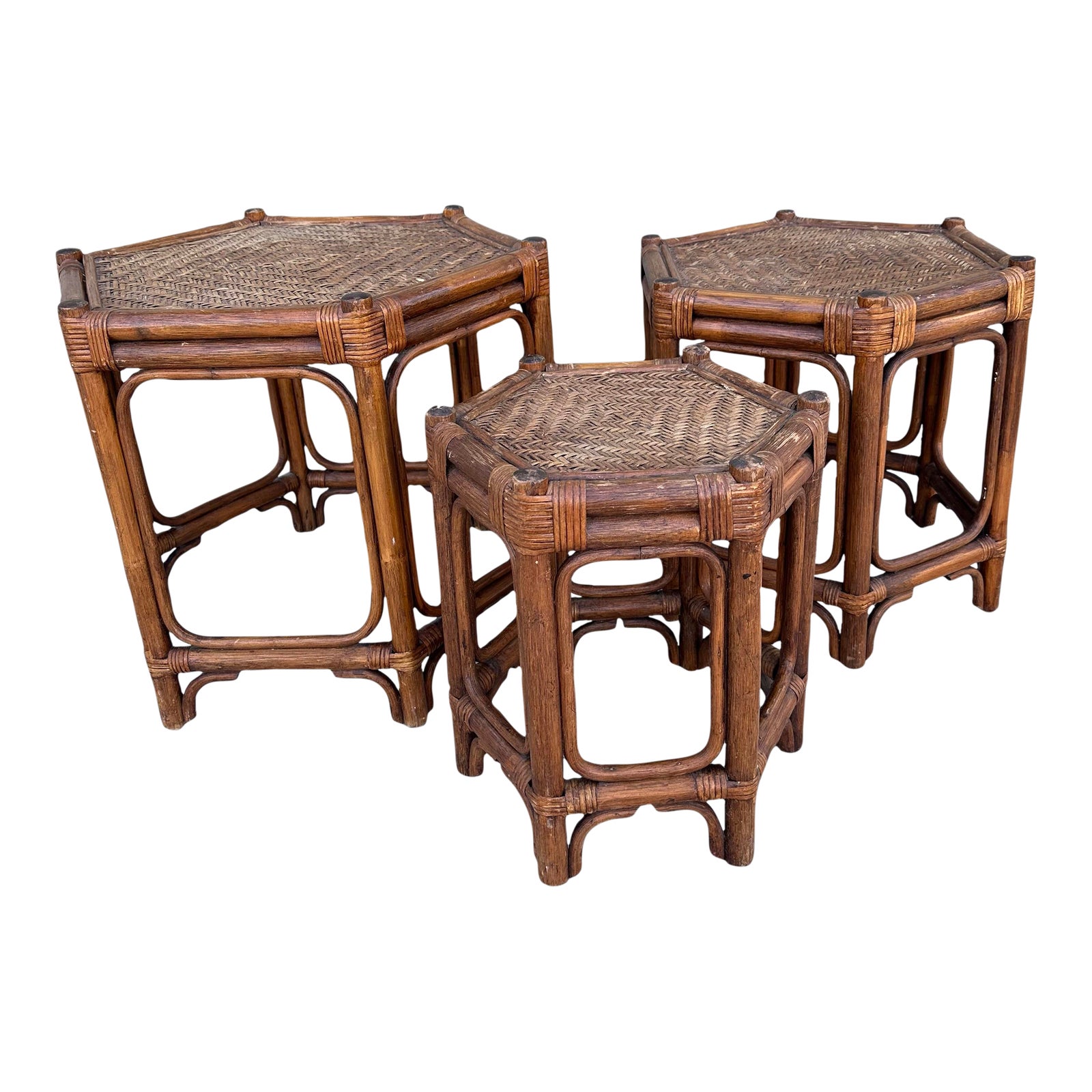 Vintage 1970s Rattan & Woven Wicker Nesting Hexagon Shaped Tables Set ...