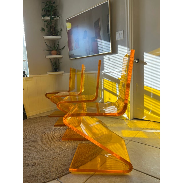 Modern Lucite Z Chairs by Haziza in Clear Orange Set of 4 Chairish