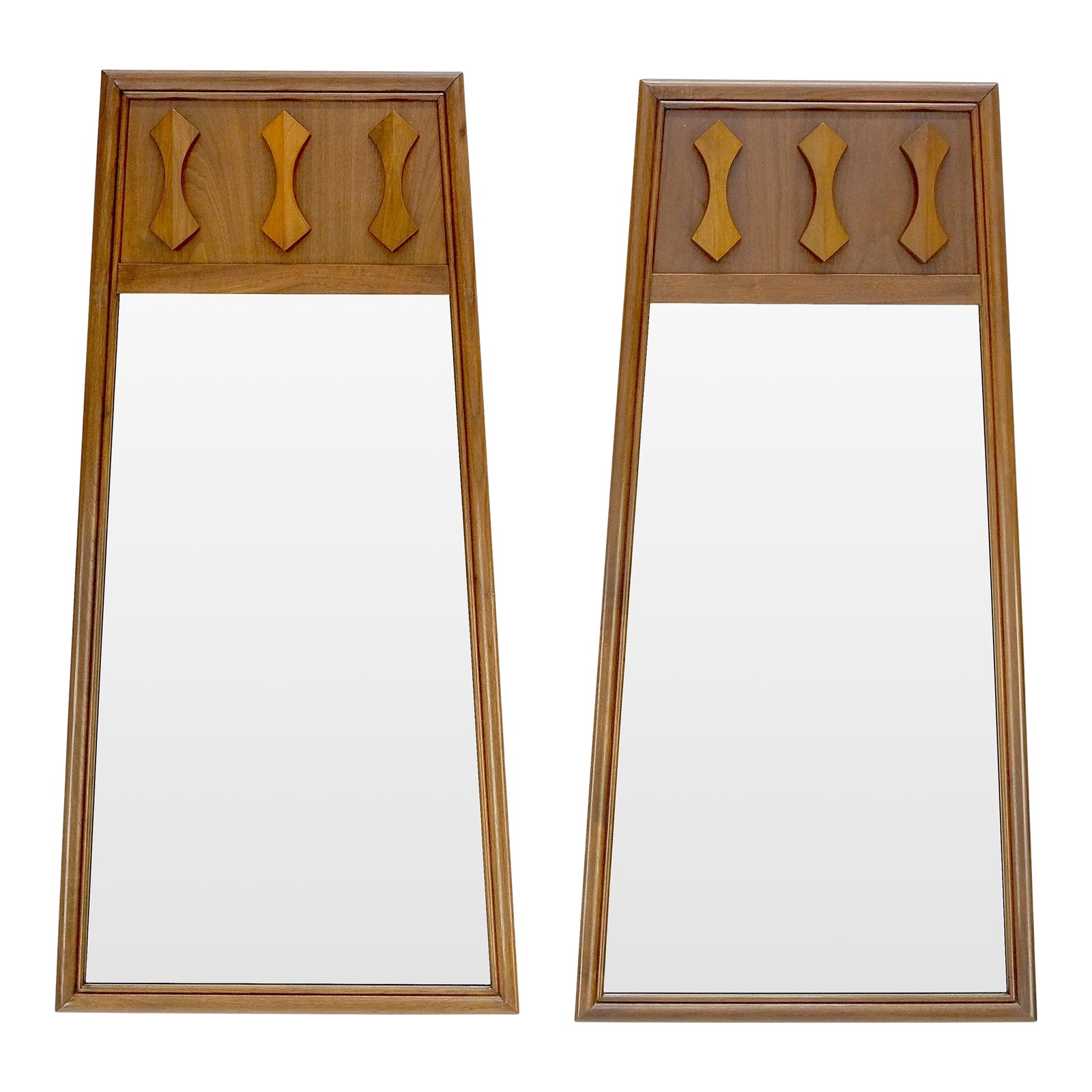 Pair of Mid Century Modern Walnut Pyramid Shape Walnut Wall Mirrors ...