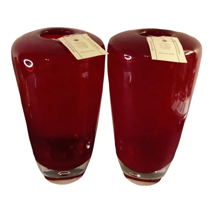 Pair of Krosno Blown Red Glass Vases Made in Poland | Chairish