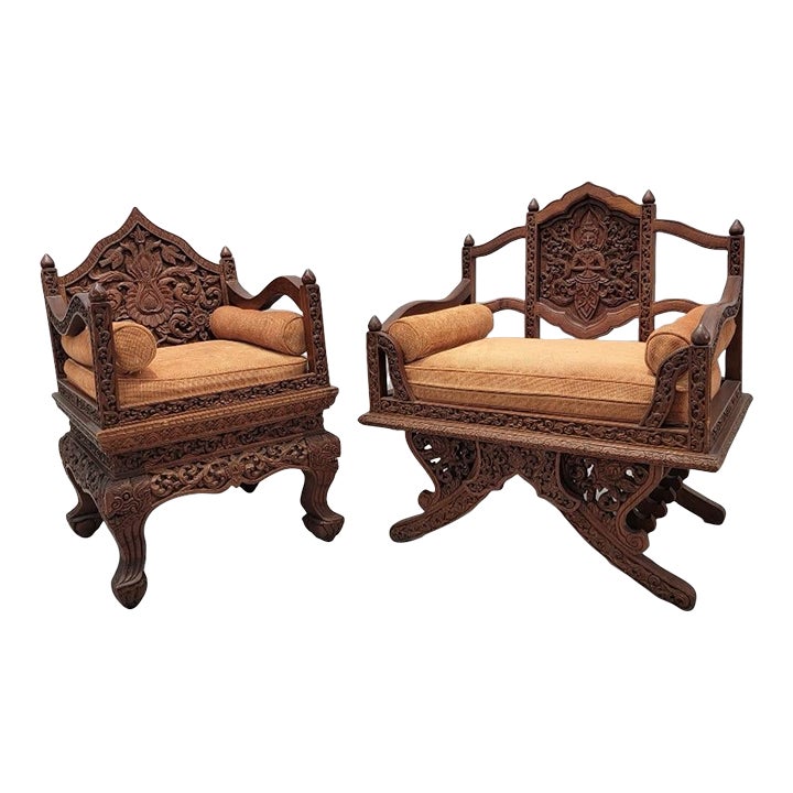 Antique Thai Howdah Hand-Carved Rosewood Ornate Saddle Chairs - Set of ...