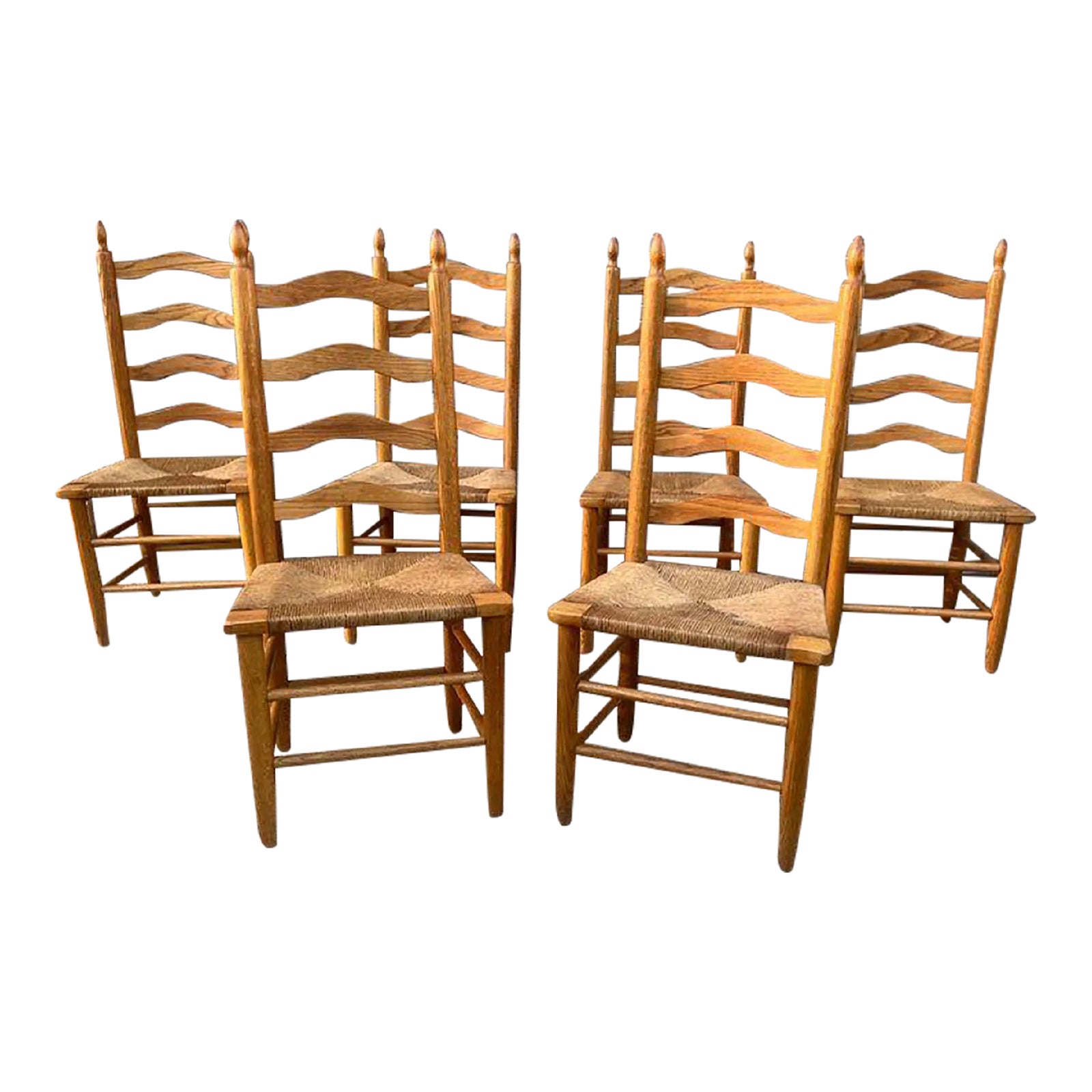 Late 20th Century Set of Six Handcrafted Oak Ladder Back Rush Seat ...