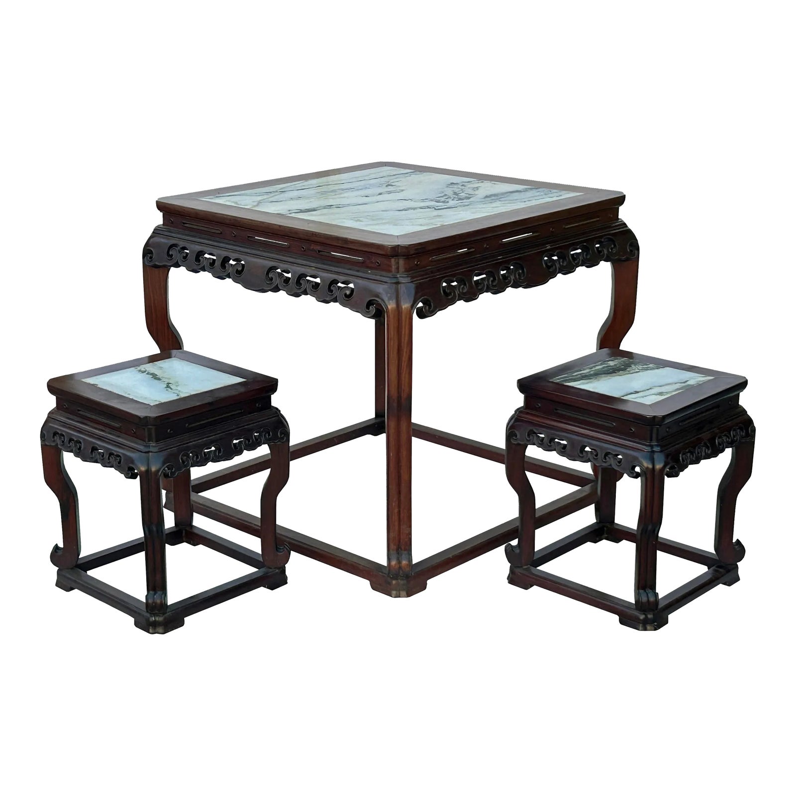 Vintage Chinese Square Marble Top 2 Stools Tea Table Set | Chairish